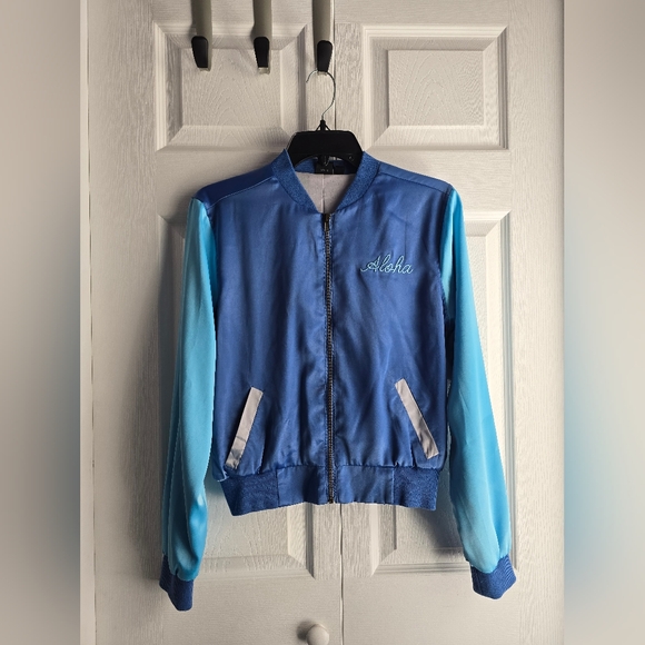 Disney | Jackets & Coats | Disney Blue Stitch Satin Bomber Jacket Size ...